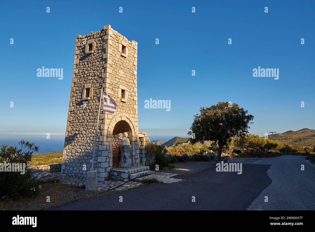 Memorial, Greek national flag, road, tree, Mani peninsula, Peloponnese ...