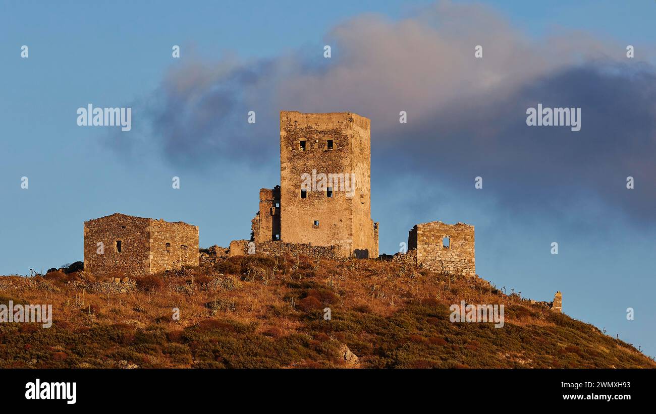 Reddish evening light illuminates the ancient castle ruins with two ...