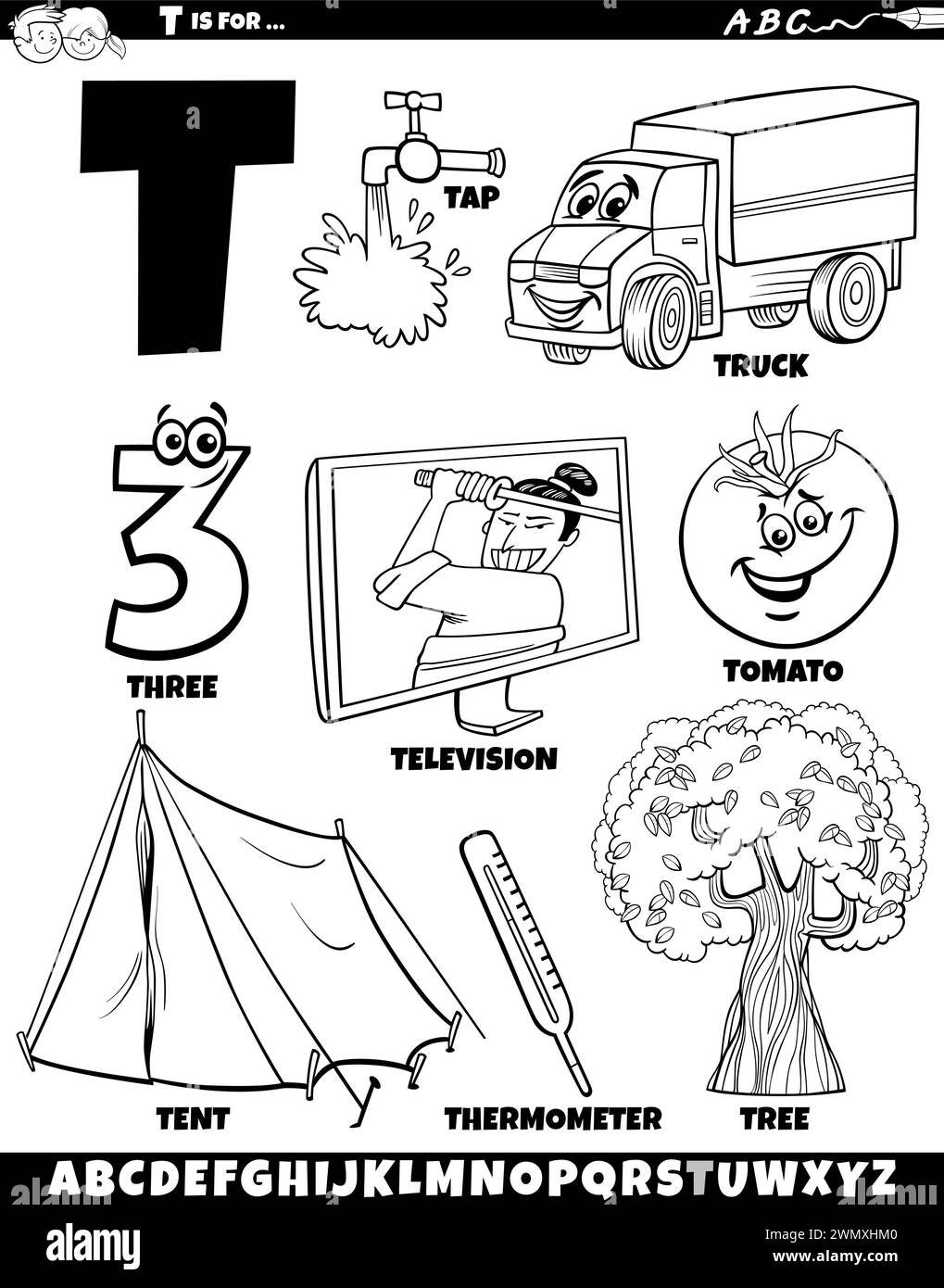 Cartoon illustration of objects and characters set for letter T ...