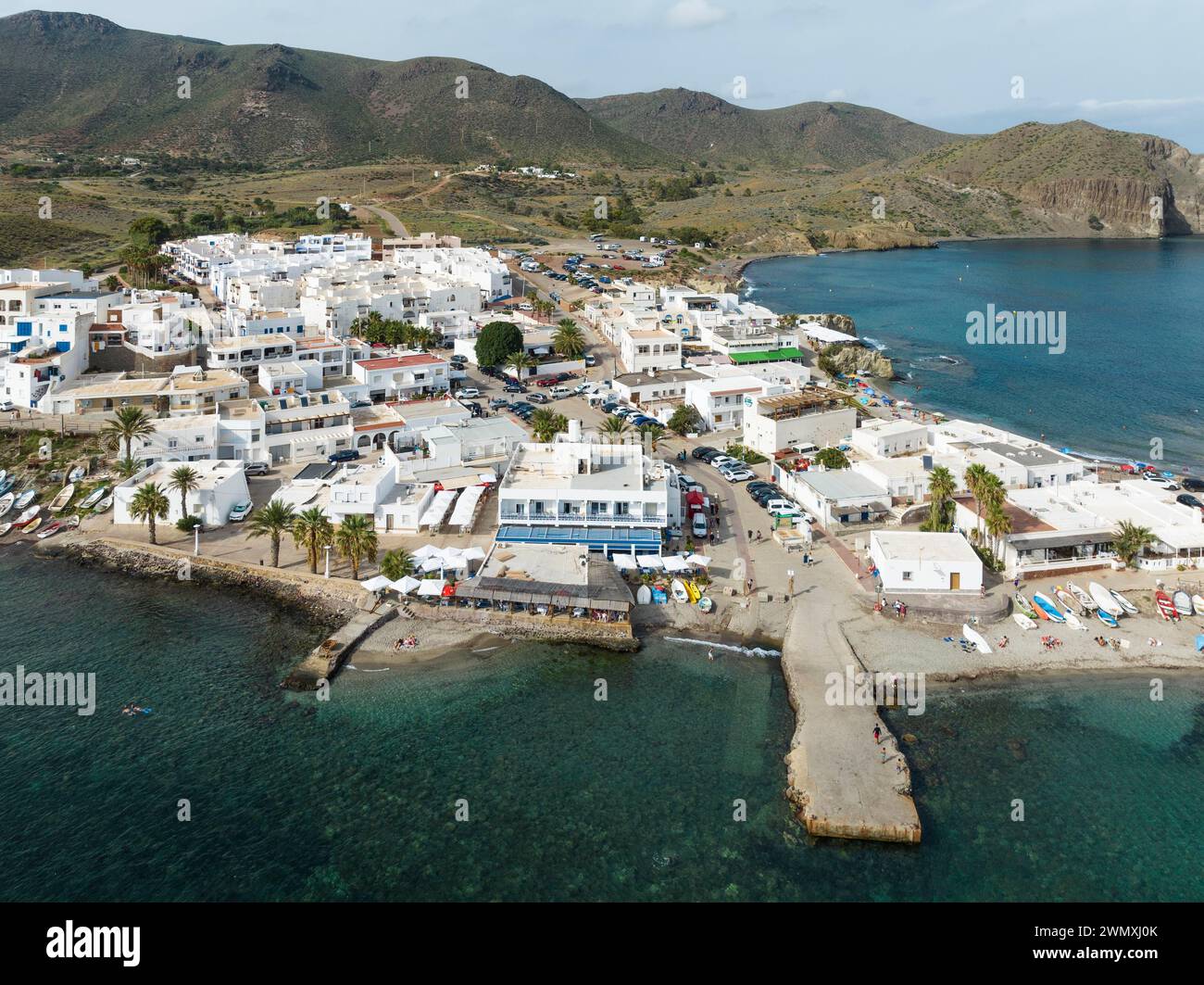 The fishing village of La Isleta del Moro. Aerial view. Drone shot ...