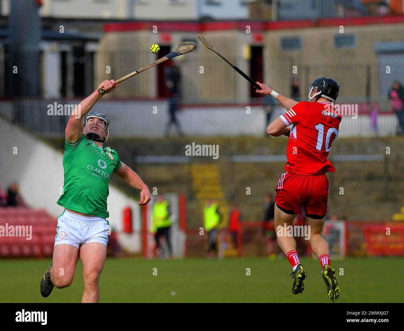 Sean O’Meara of London and Derry’s Corey O’Reilly contest the sliothar ...