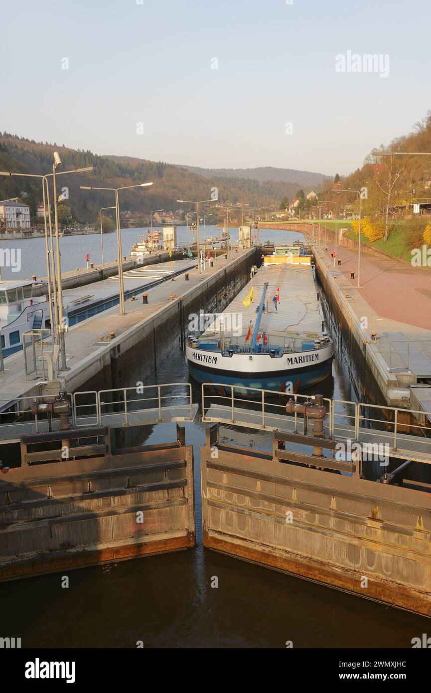 Cargo ships in the ship lock, Heidelberg, Baden-Wuerttemberg, Germany ...