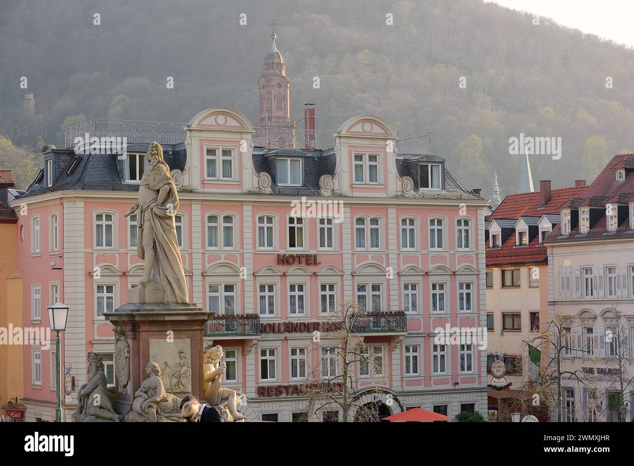 Karl Theodor statue on the Karl Theodor Bridge and Hotel Hollaender Hof ...