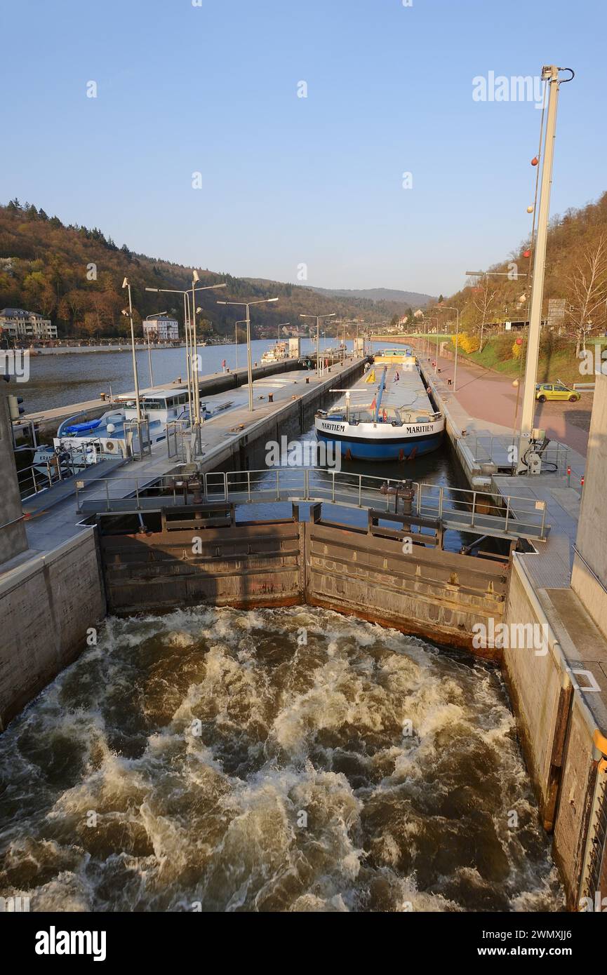 Cargo ships in the ship lock, Heidelberg, Baden-Wuerttemberg, Germany ...
