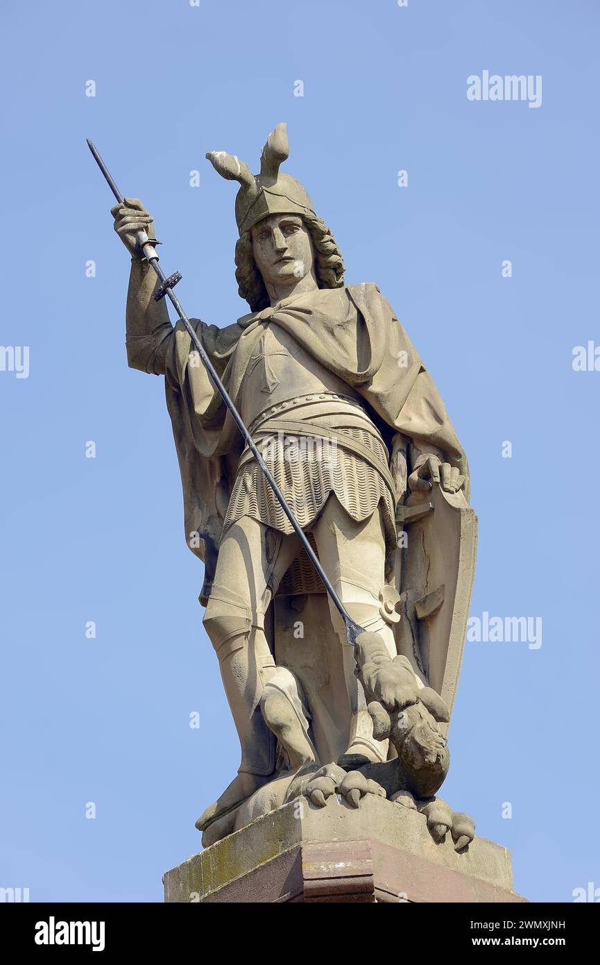 Statue of the town's patron saint St George on the market fountain ...