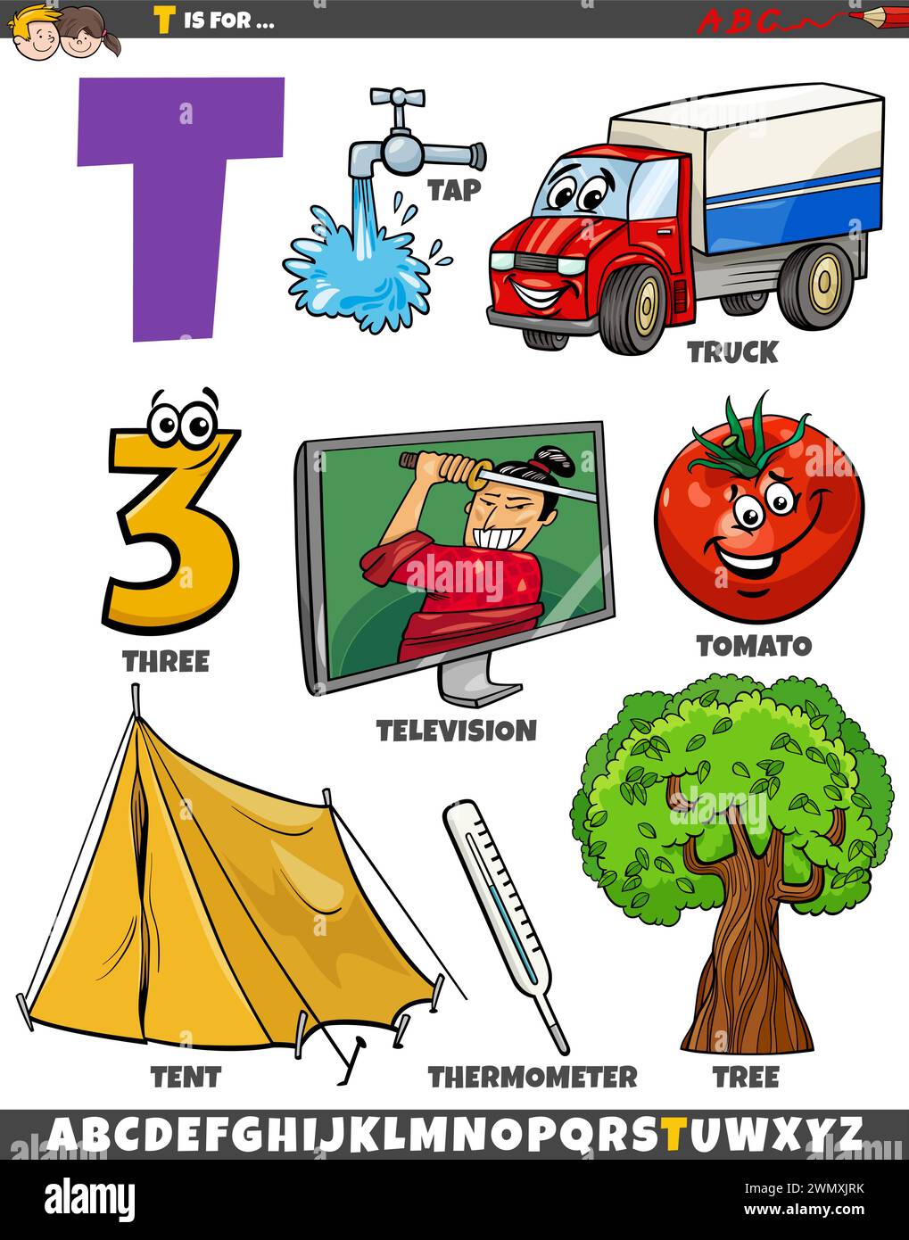 Cartoon illustration of objects and characters set for letter T Stock ...