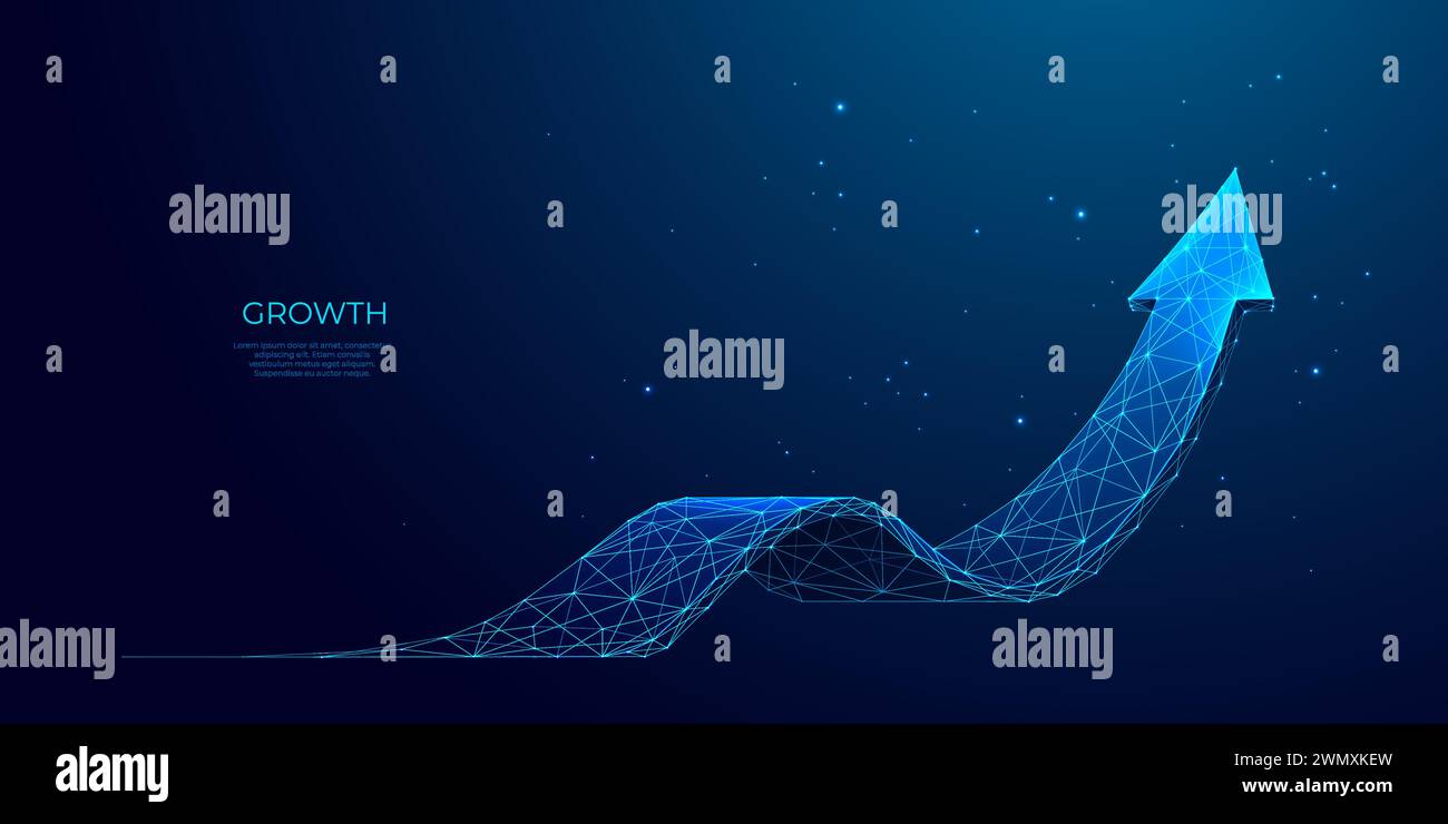 Digital 3D polygonal growth arrow up on technology blue background ...
