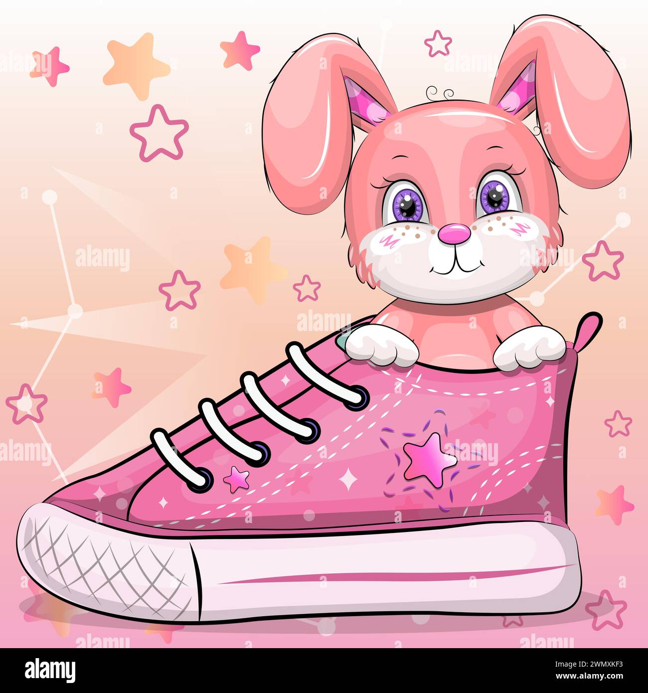 A cute cartoon pink rabbit with a sneaker. Vector illustration of an ...