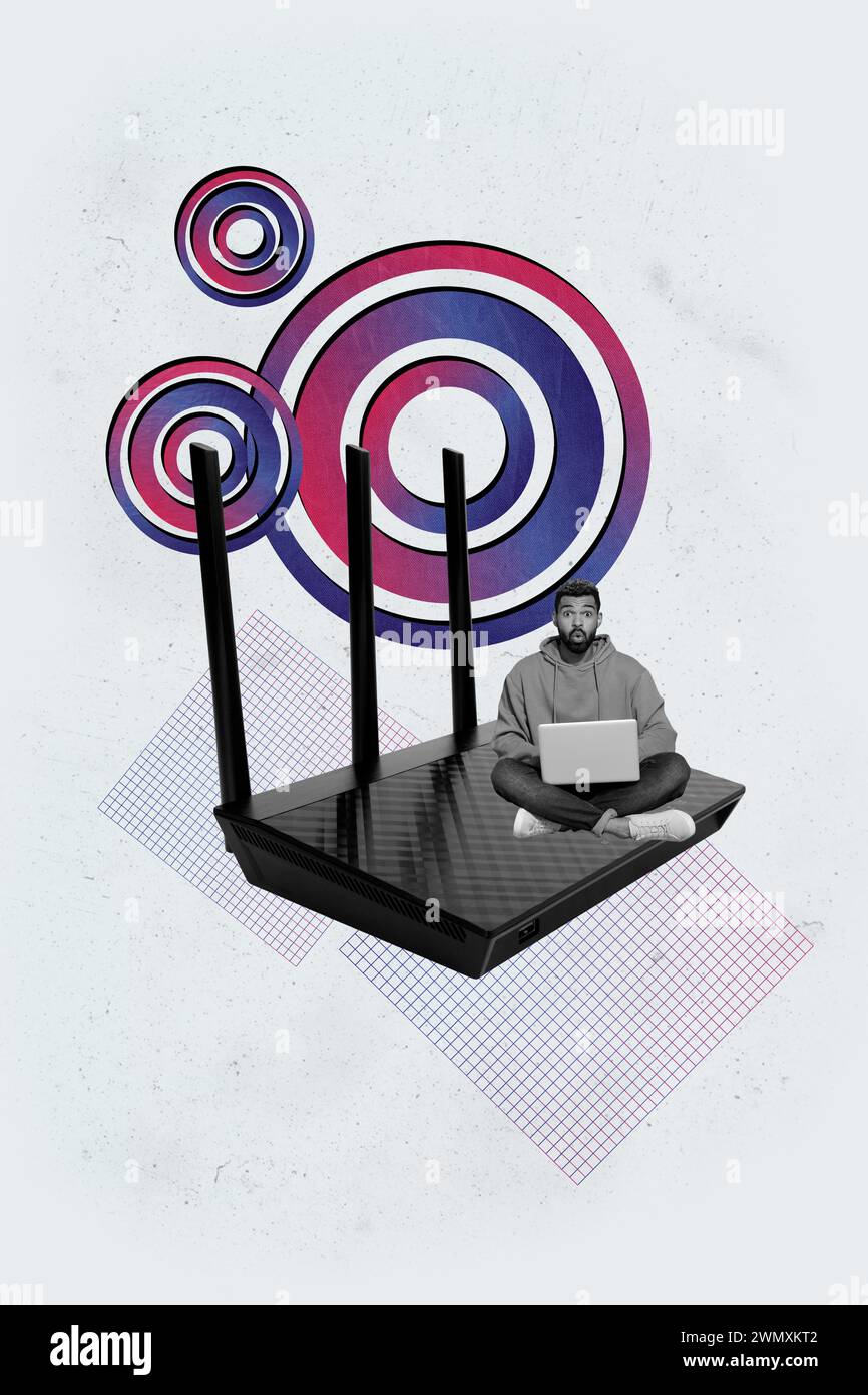 Photo collage picture young sitting man wireless wifi internet ...