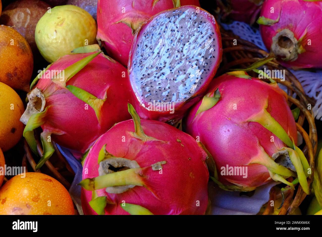 Dragon fruit pitaya (Selenicereus undatus) pulp, farmers' market ...