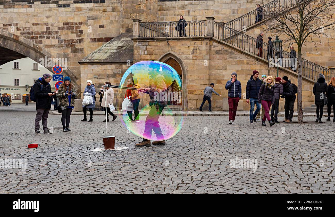Soap bubble, street artist, Prague, Czech Republic Stock Photo - Alamy
