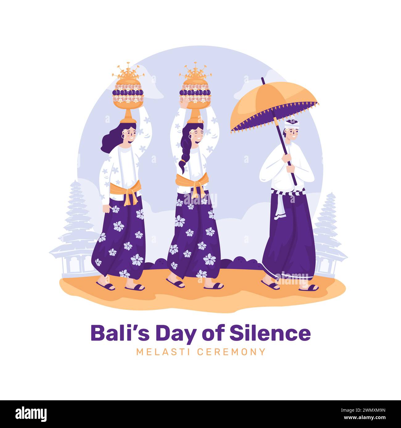 Happy nyepi bali's day of silence with melasti ceremony illustration ...