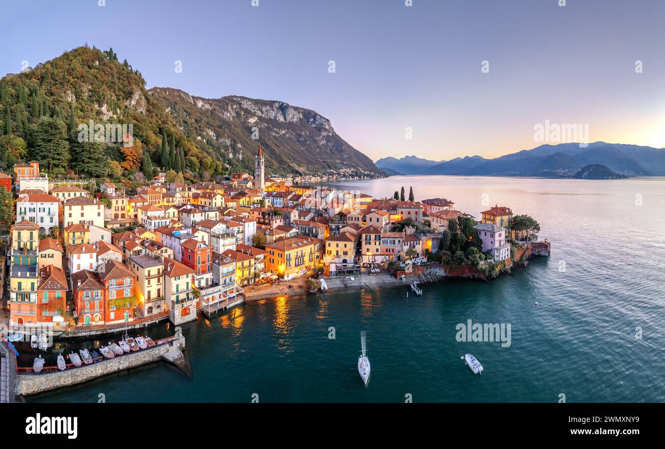 Varenna, Italy viewed from above Lake Como at dusk Stock Photo - Alamy