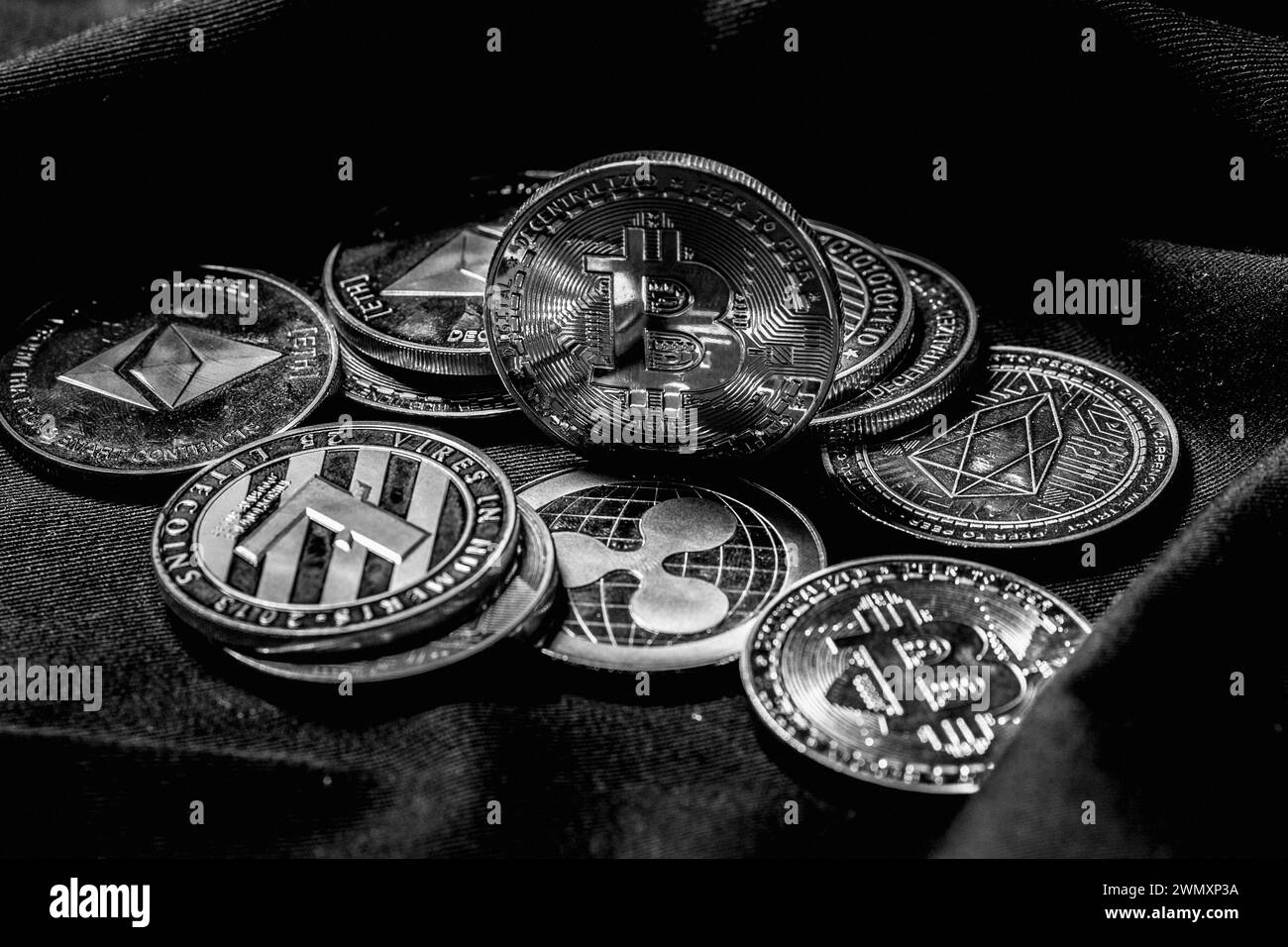 Cryptocurrency on black background. Bitcoin and blockchain system Stock ...