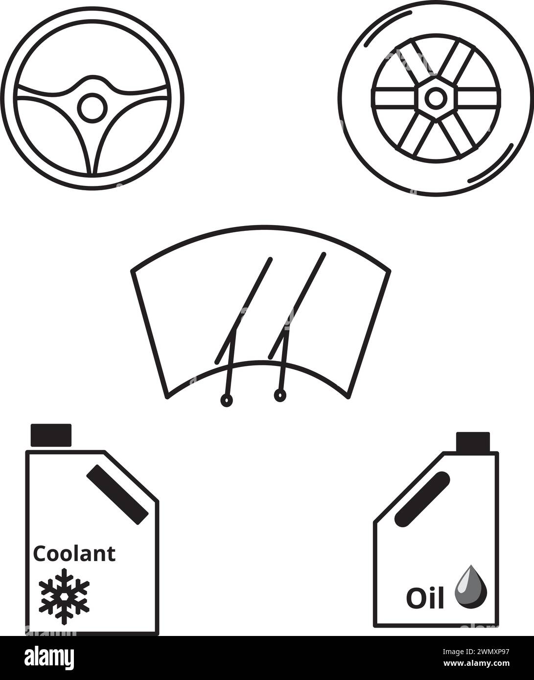 Wheel, steering wheel, windshield, car oil, and car coolant bottles on ...