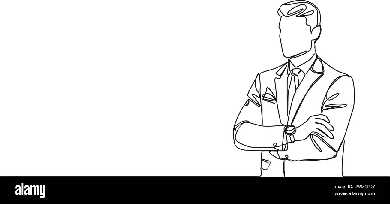 Continuous Single Line Drawing Of Businessman With Crossed Arms Line