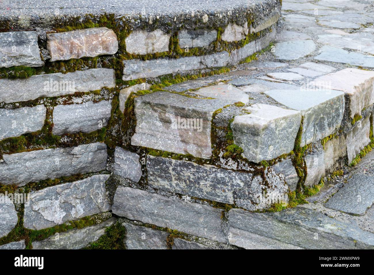 Close-up of weathered stone steps with moss growth, highlighting ...