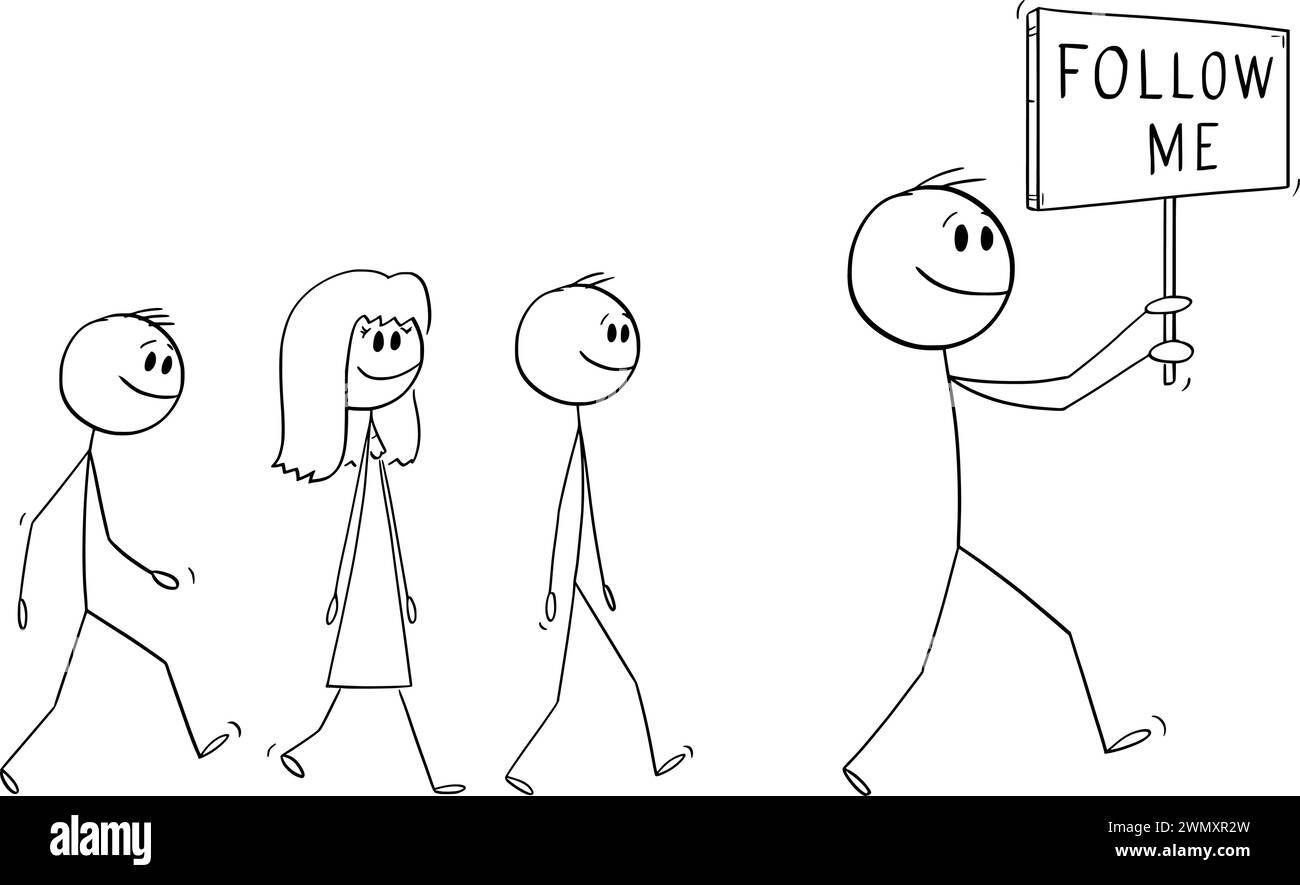 Leader Walking With Follow Me Sign, Vector Cartoon Stick Figure ...