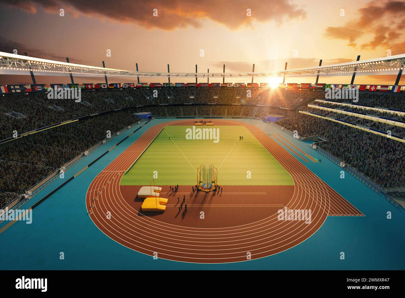 3D render of sport stadium filled with spectators, workers showcasing ...
