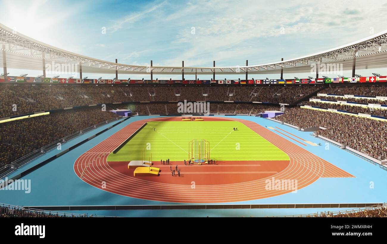 3D render of sunlit stadium filled with spectators, showcasing an ...