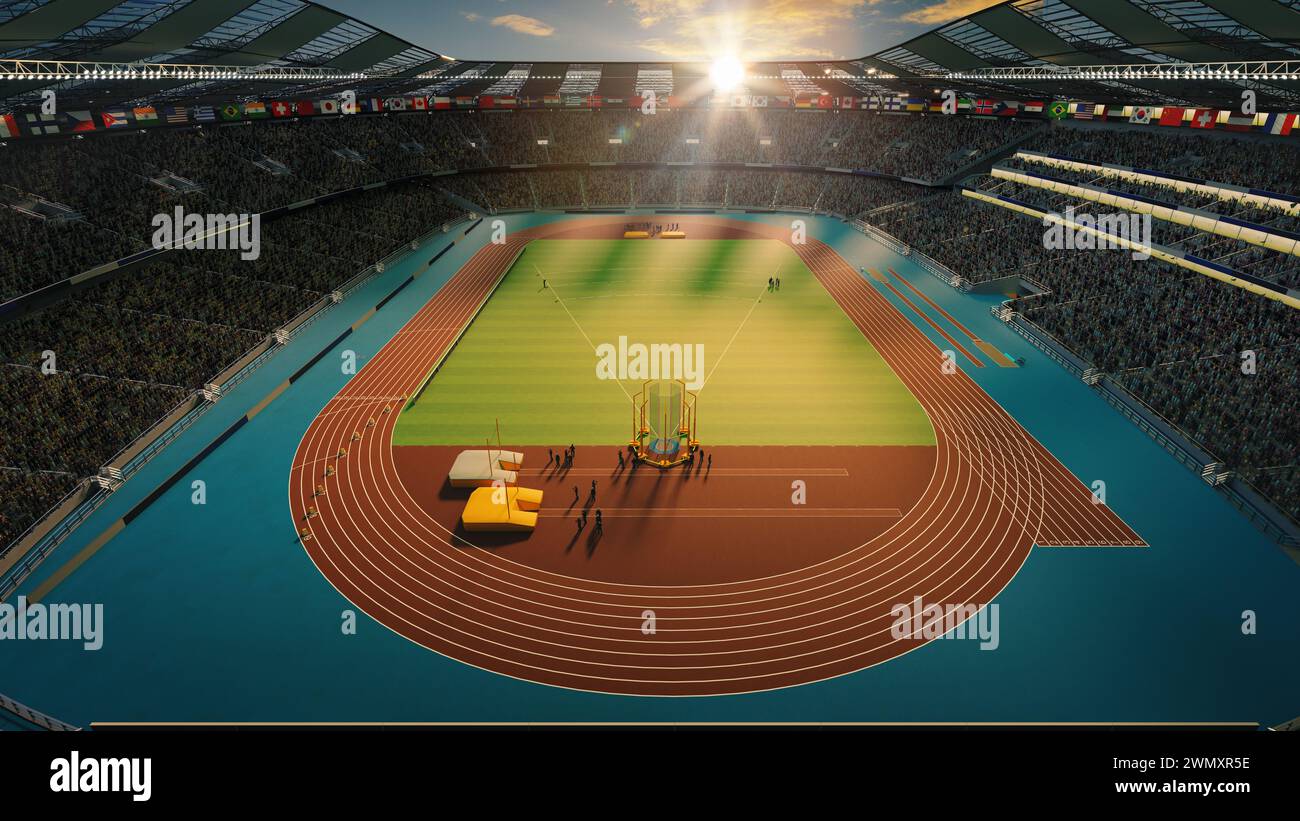 3D render of sport stadium filled with spectators, workers showcasing ...