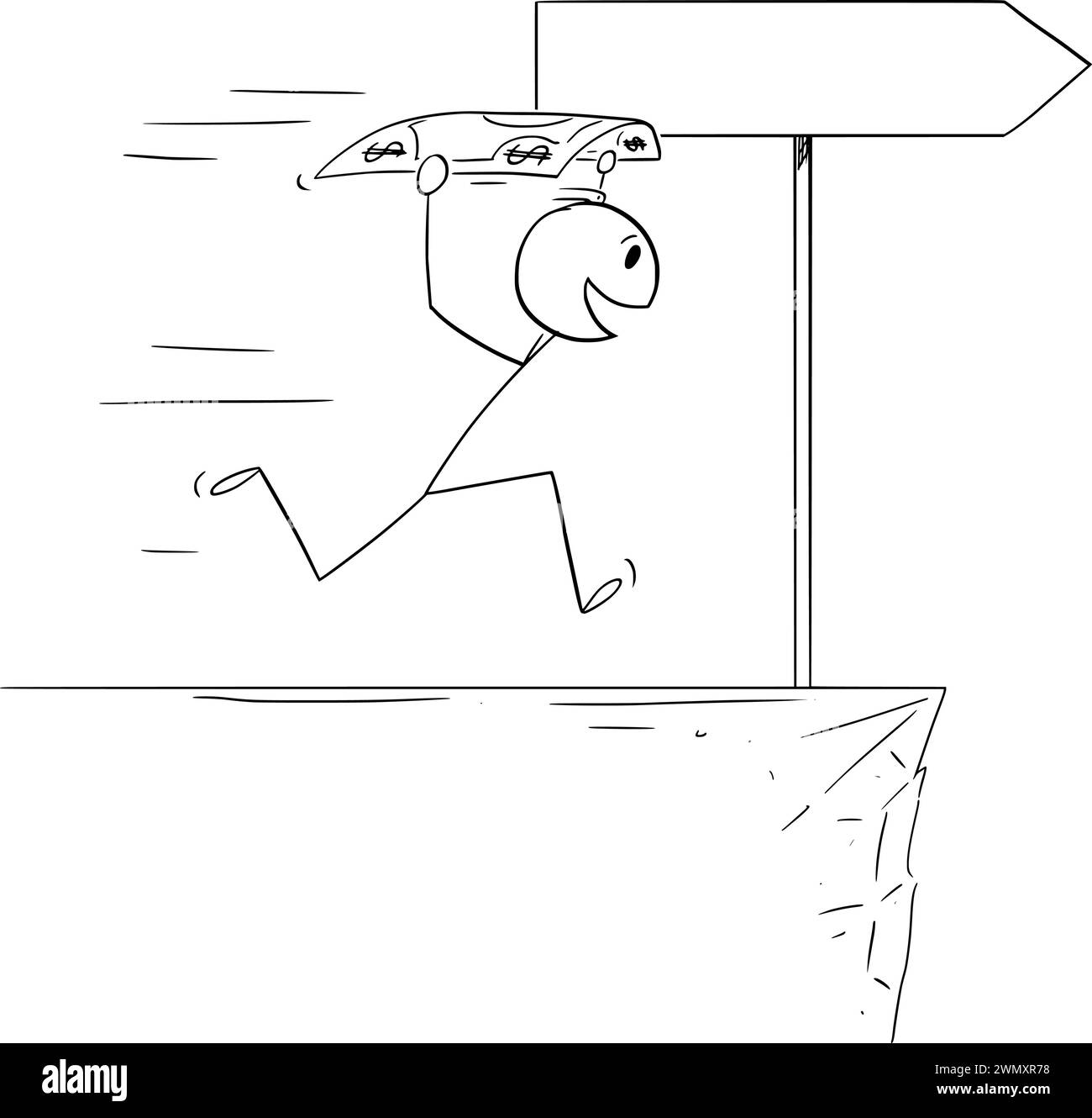 Person Trying to Fly With Dollar Bill, Vector Cartoon Stick Figure ...