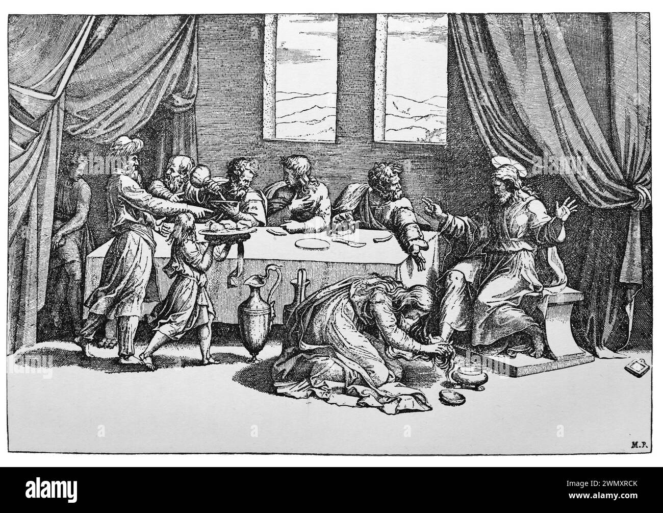 Mary Magdalene washing the feet of Christ, after an engraving by Mark ...
