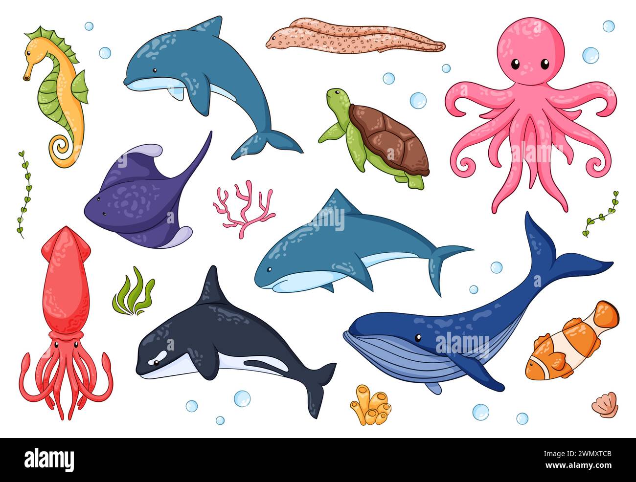 Undersea animals set in cartoon style. Underwater wild life creatures ...