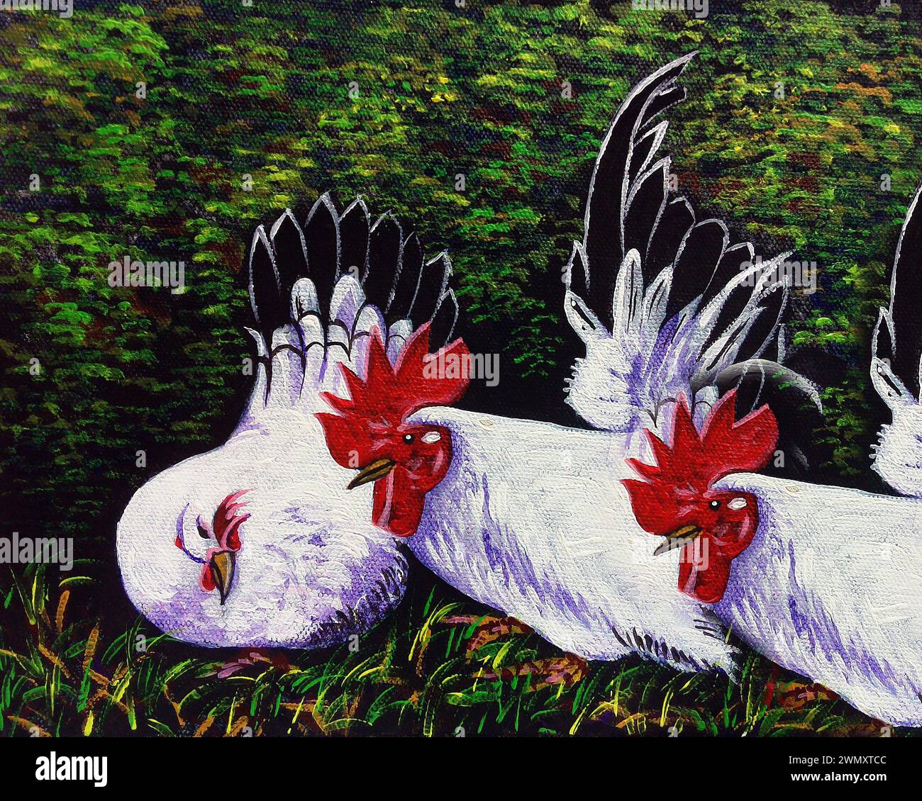 Art painting oil color hen and chicken Stock Photo - Alamy
