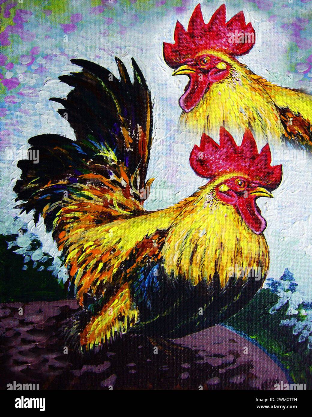 Art painting oil color hen and chicken Stock Photo - Alamy