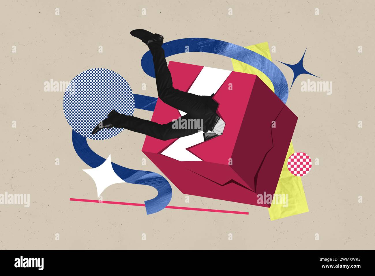 Creative collage young falling businessman cube box crack absorb inside ...