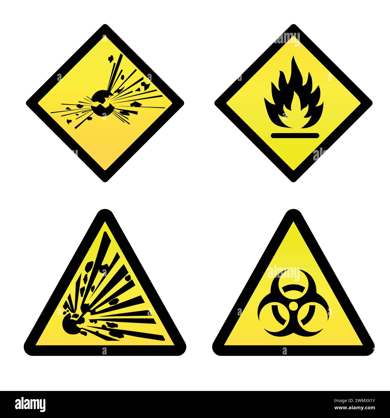 Four yellow warning signs for toxic and explosive hazards Stock Vector ...