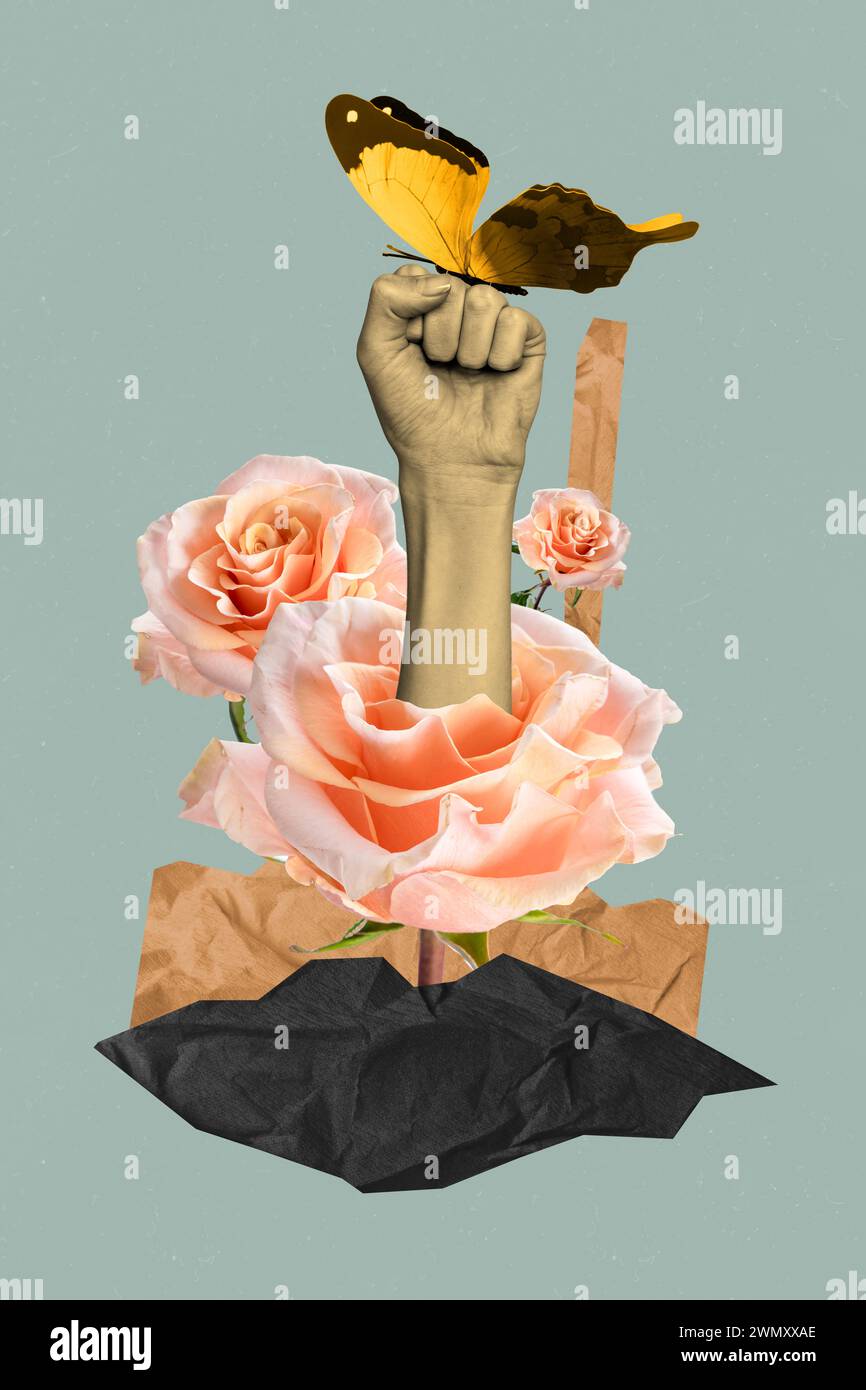 Vertical collage hand destroy nature green fresh leaf smash pieces ...