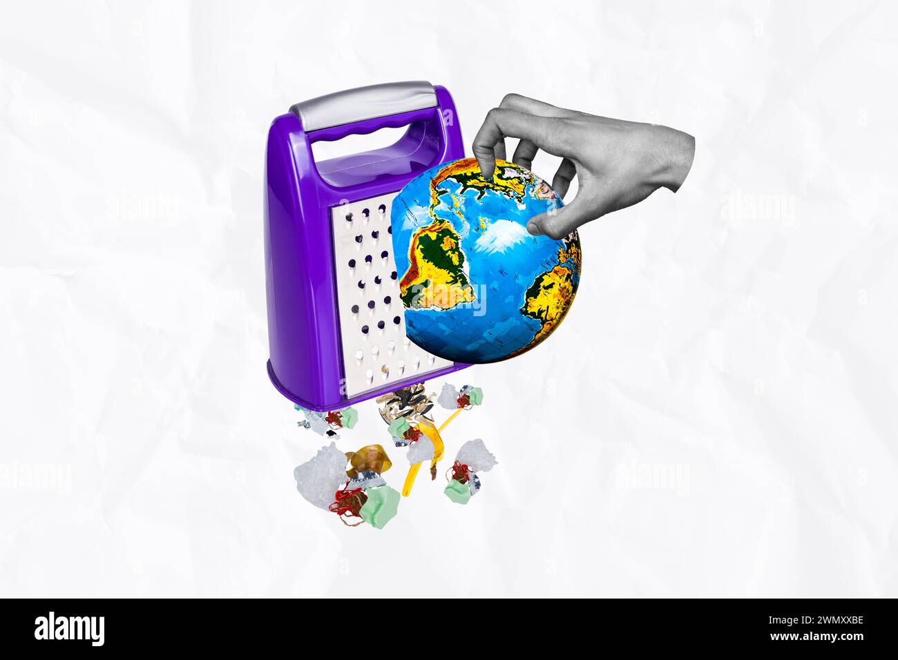 Composite image 3d magazine sketch collage of hand destroy earth grater ...