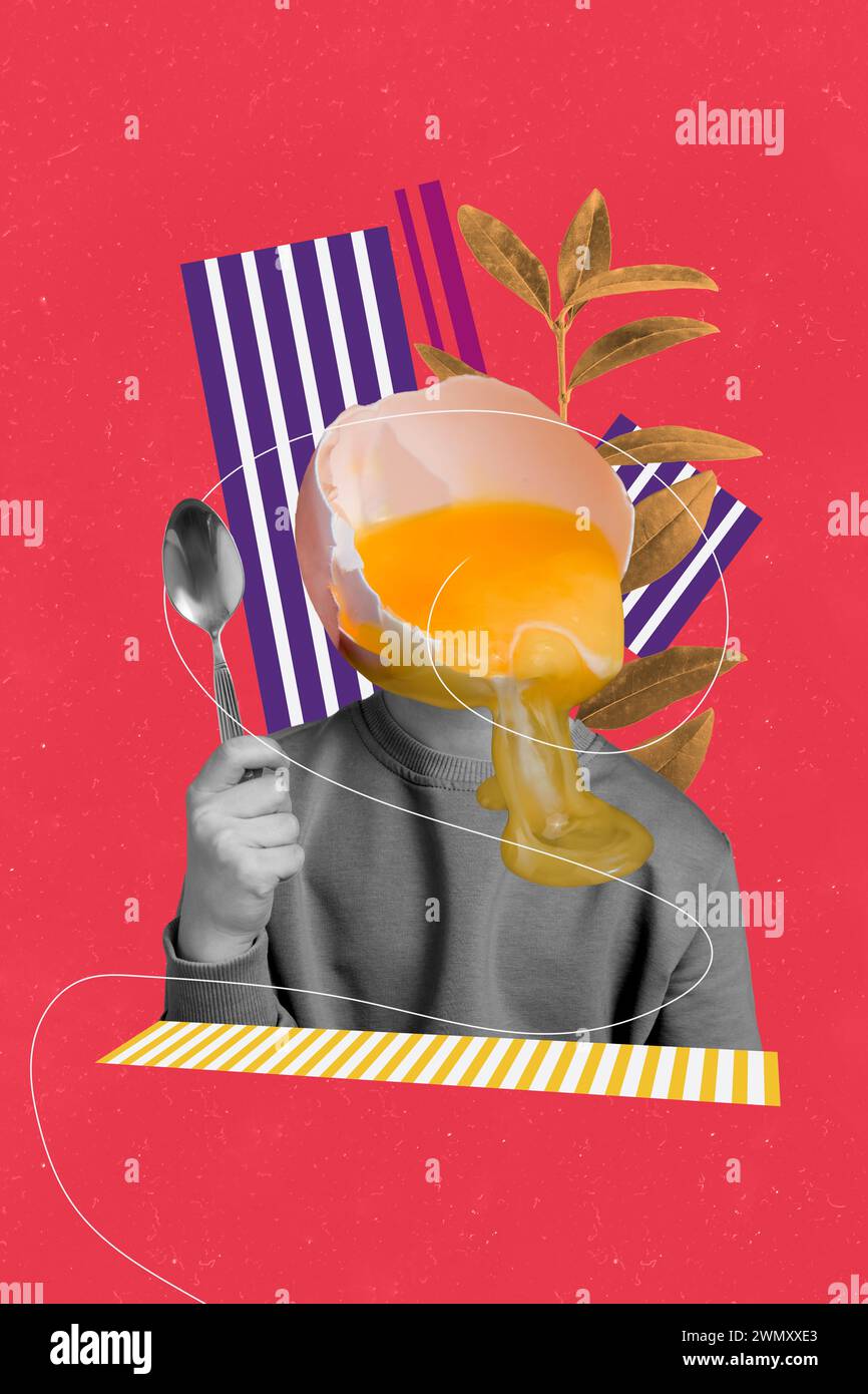 Vertical photo collage headless person ready eat wait dish raw egg ...