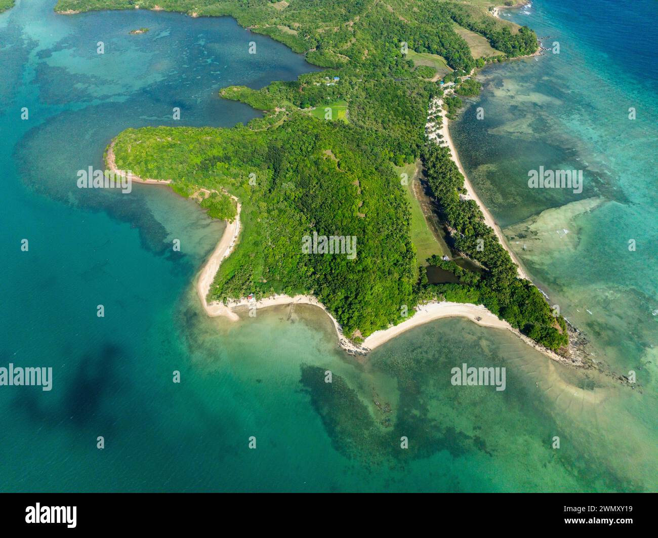 Top view of Cabangajan Island with white sandy beach. Santa Fe, Tablas ...
