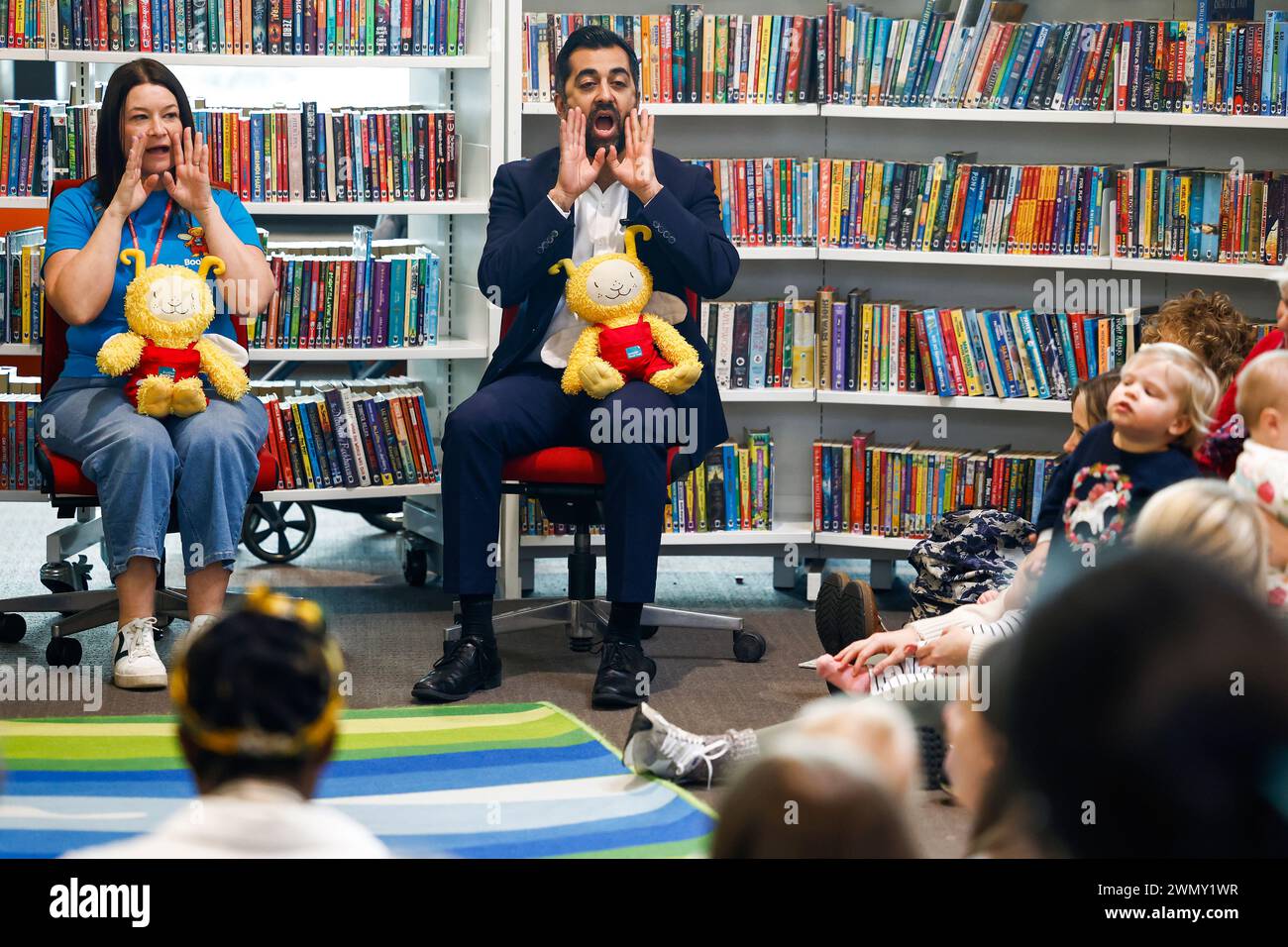 First Minister of Scotland Humza Yousaf takes part in a bookbug session and meet families who ...