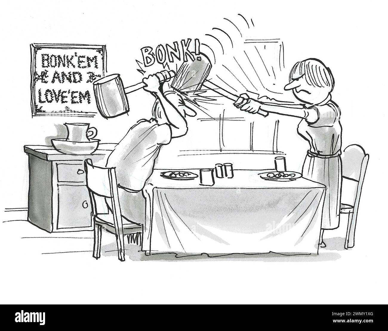 BW cartoon of a husband and wife who are bonking each other on the head ...