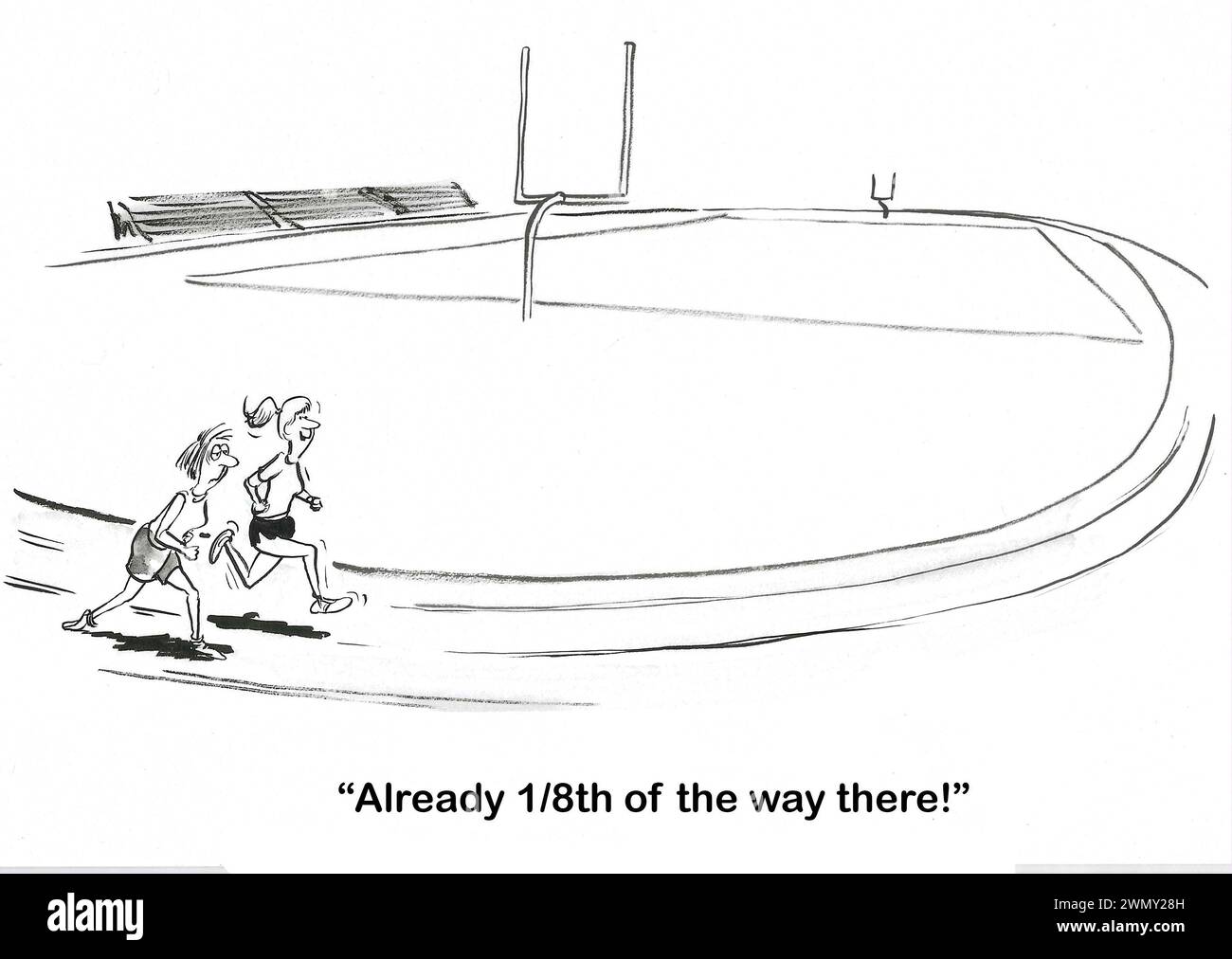 BW cartoons about two women jogging on a track. One is enjoying it and ...