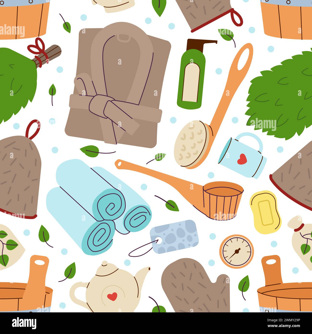 Sauna seamless pattern. Finnish bathhouse tools, cartoon spa wellness ...