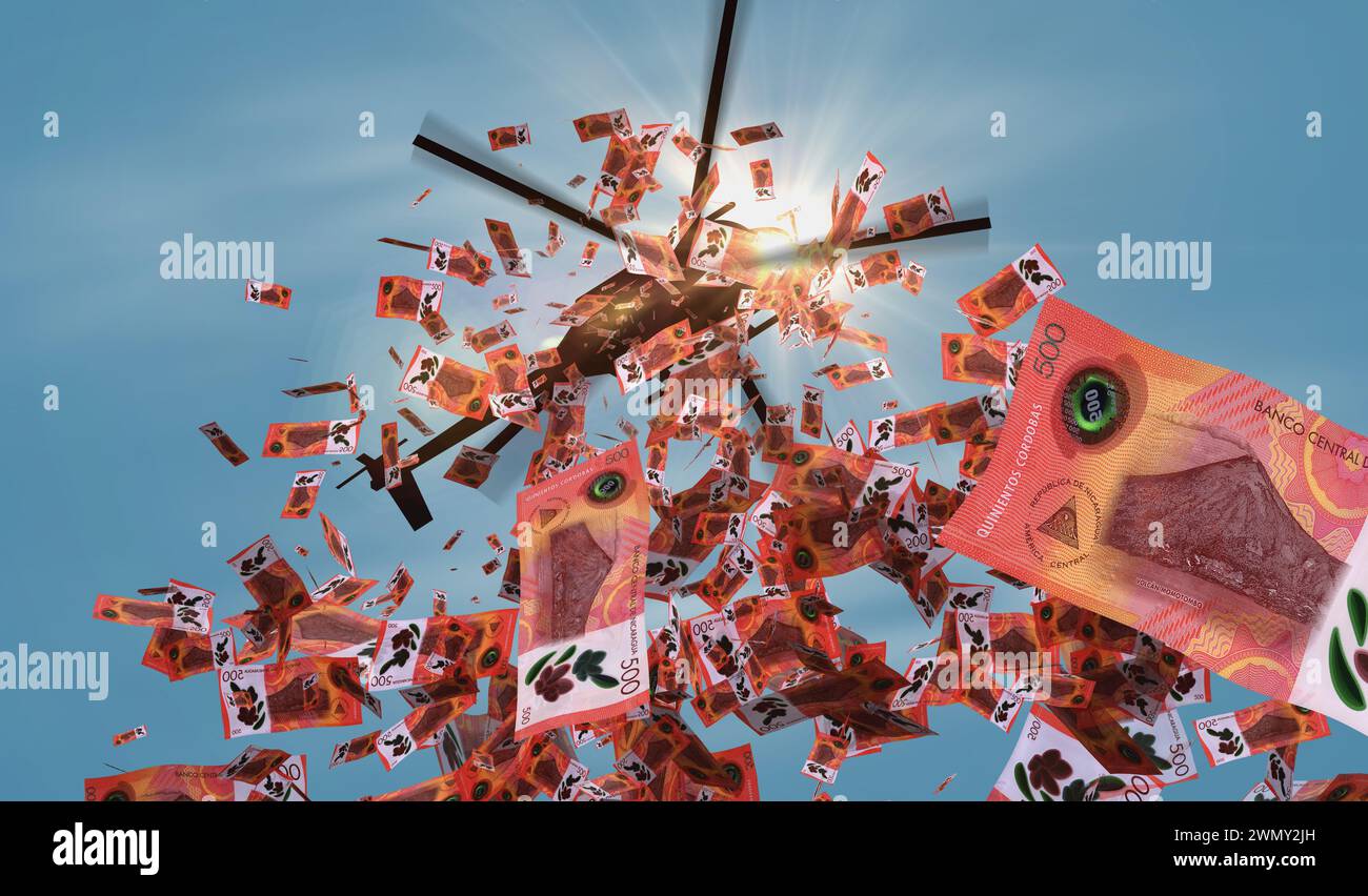 Nicaragua cordoba banknotes helicopter money dropping. Nicaraguan NIO ...