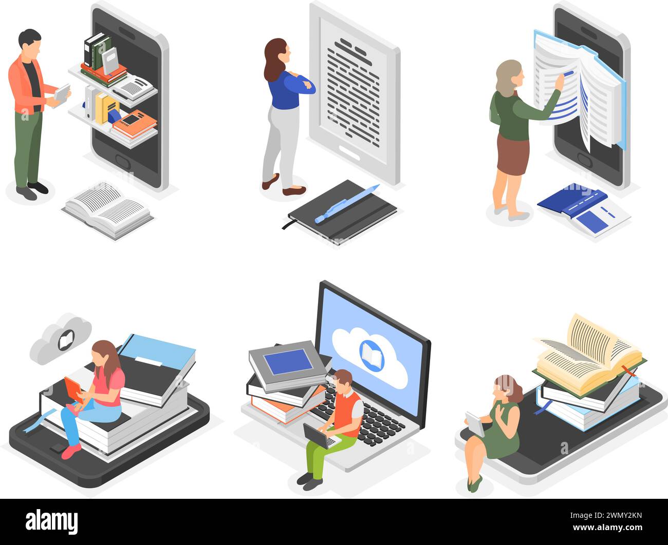Isometric people online education. Man woman reading and learning with ...