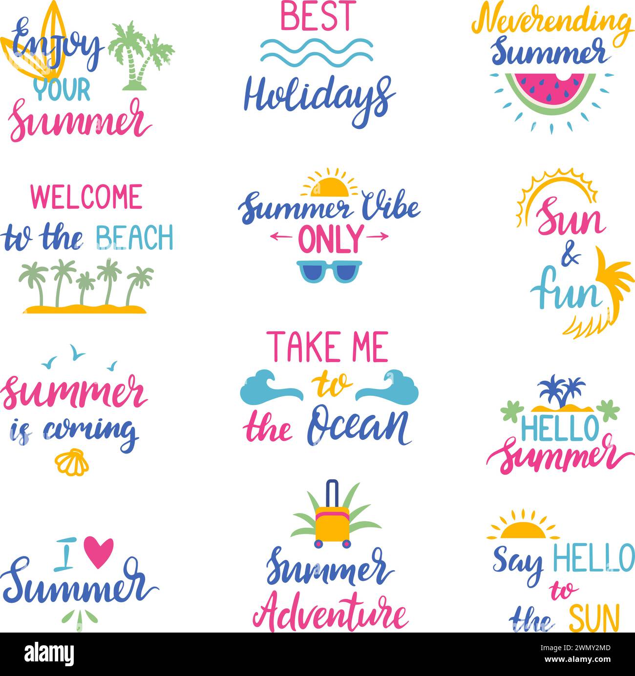 Summer calligraphy phrases. Beach vacation, summertime travel hand ...