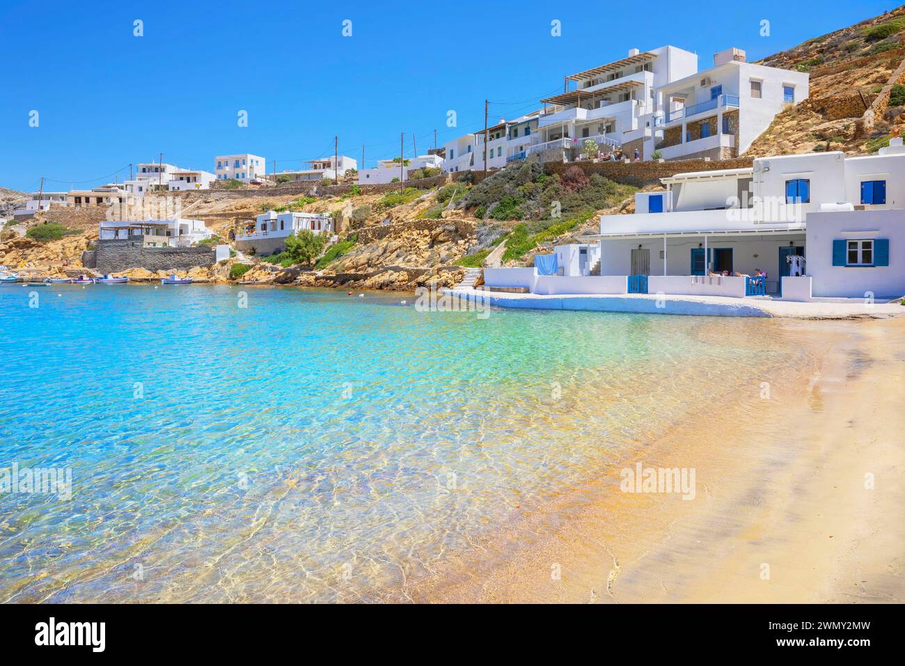 Greece, Dodecanese islands, Sifnos island, Beach of the fishing village ...