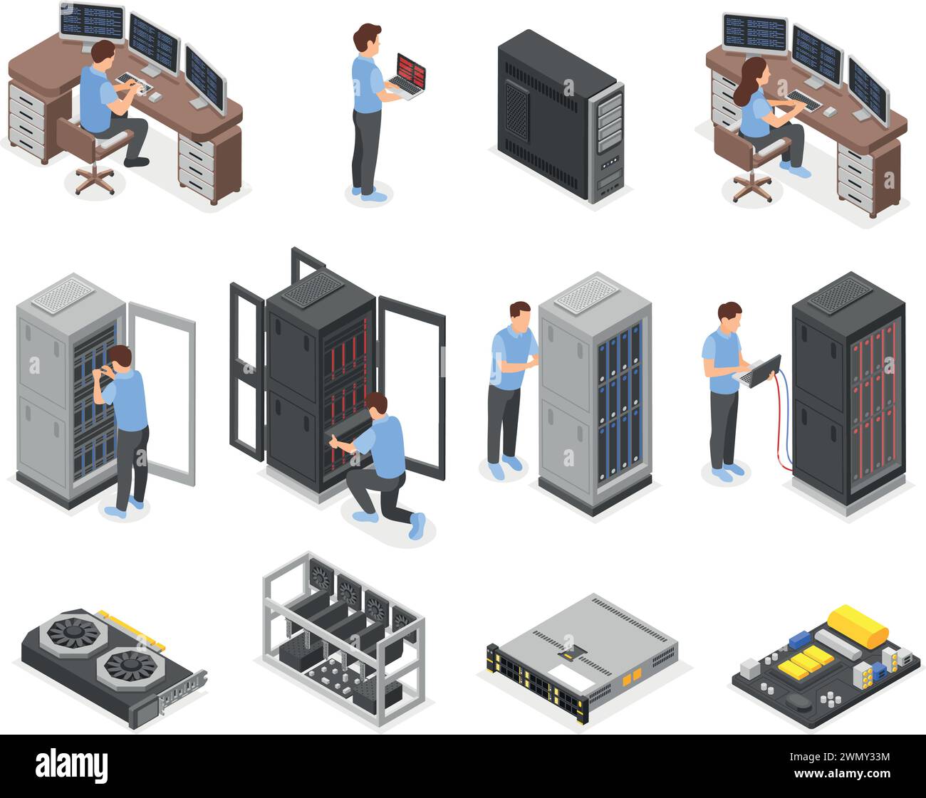 Isometric engineers characters. Data center workers and network administrators. Cloud servers ...