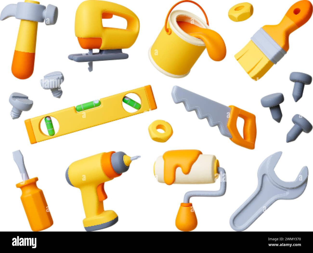 Realistic 3d repair icons. Renovation work tools and equipment. Screw ...