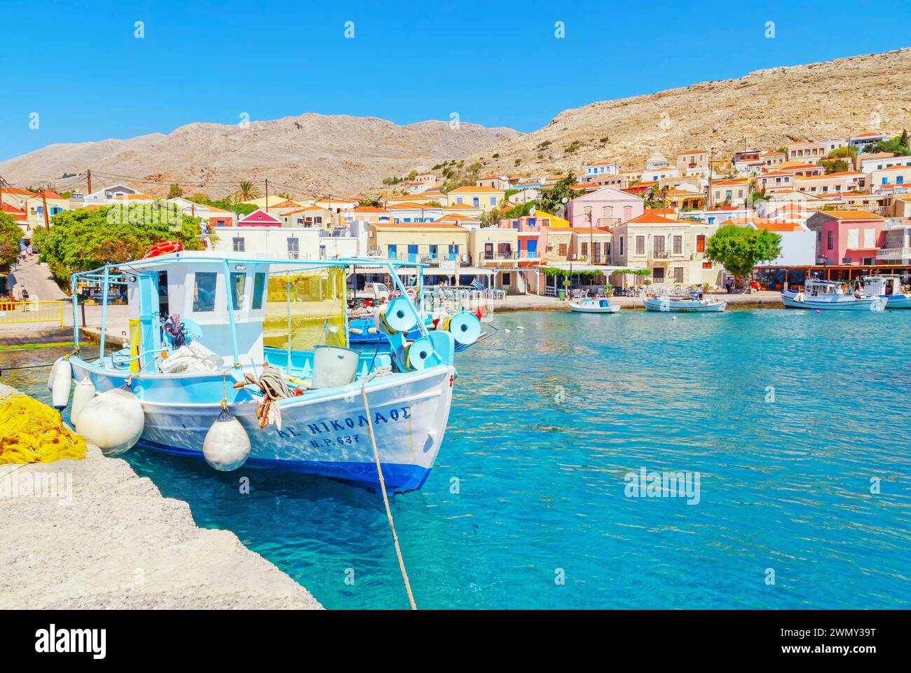 Greece, Dodecanese islands, Halki island, View of the port of Emporio ...