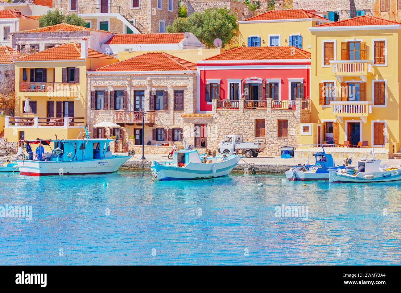 Greece, Dodecanese islands, Halki island, View of the port of Emporio ...