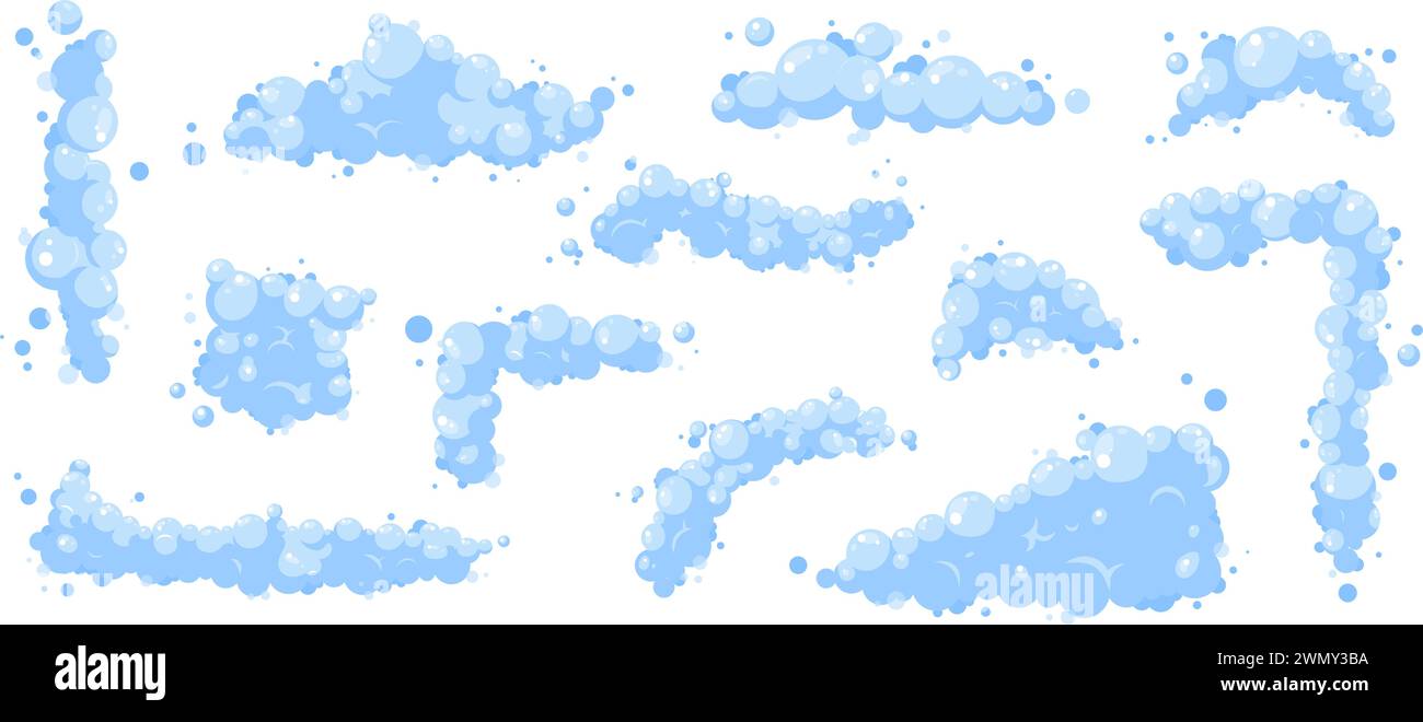 Soap foam cartoon elements. Clouds bubbles of shampoo or wash gel ...