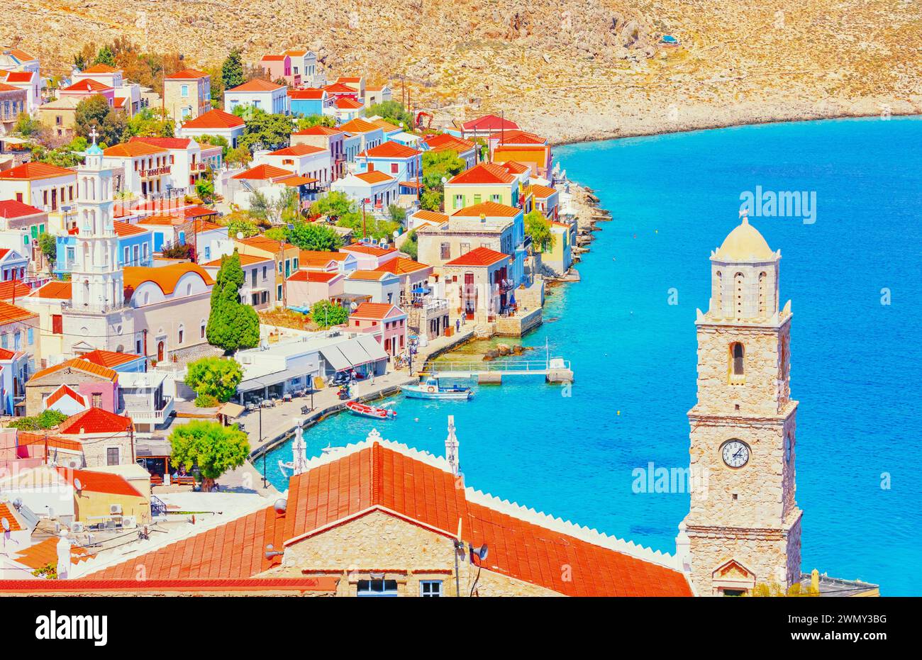 Greece, Dodecanese Islands, Halki Island, Emporio Town, view from the ...